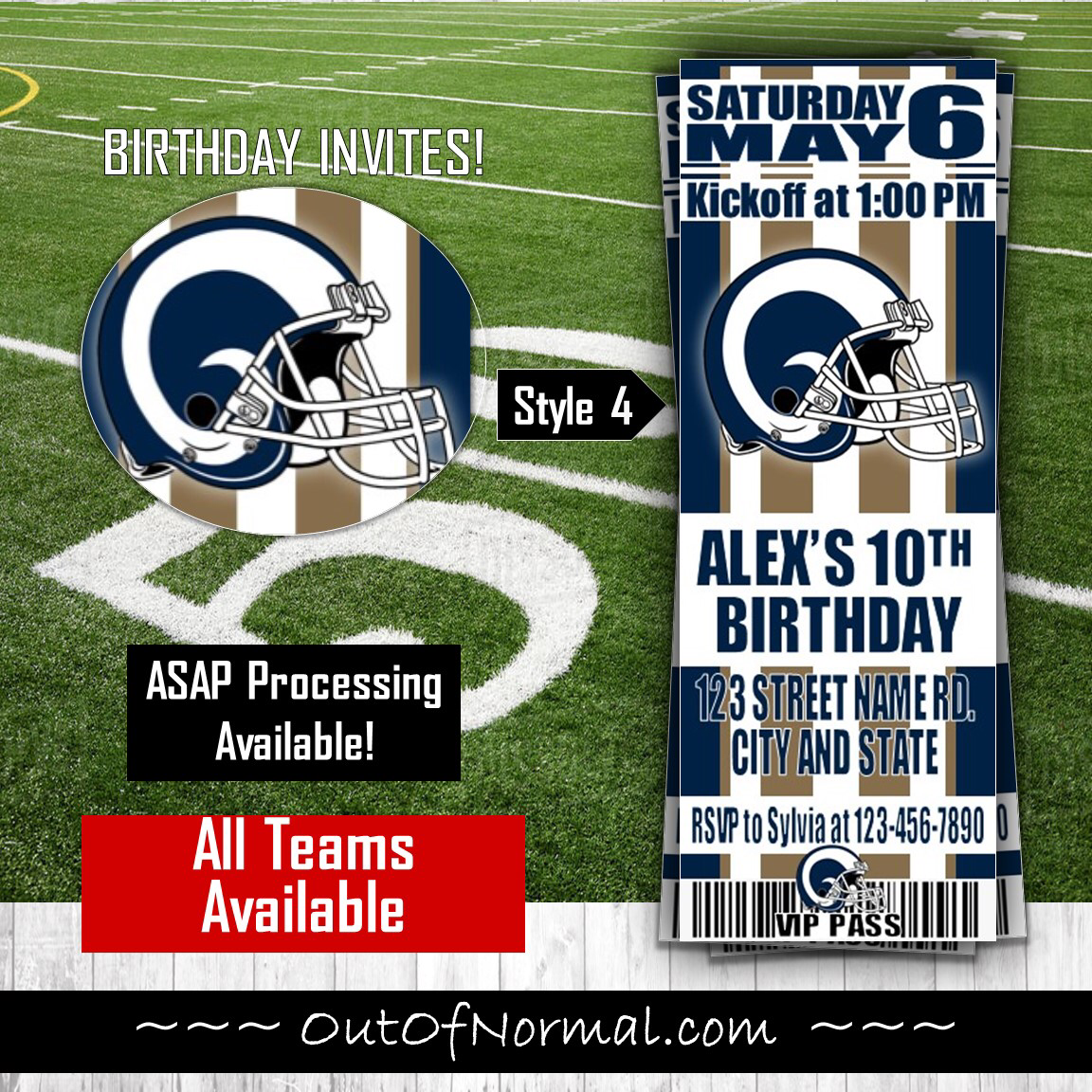 Los Angeles LA Rams NFL Football Ticket Style Invite